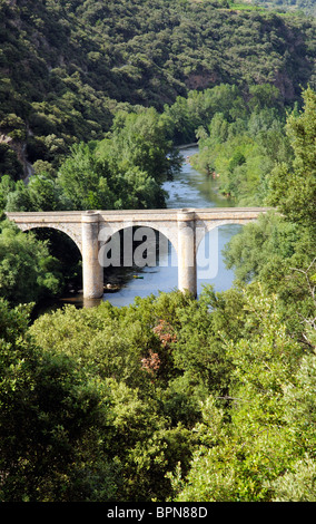 French village Roquebrun in the valley of the river Orb, Herault ...