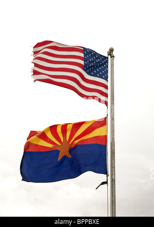 Arizona state flag flying with the American flag outside of the ...