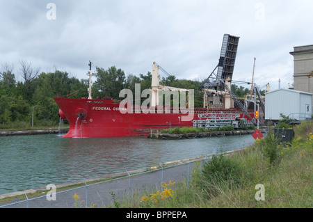Bulk carrier ship "Federal Oshima" navigates under an twin lift bridge ...