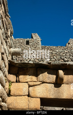 Intricate stonework of a reconstructed building at the ancient Incan ...