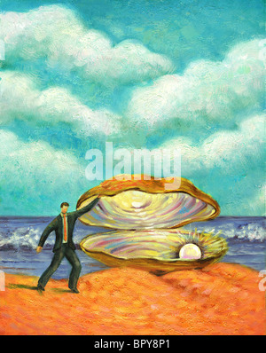 Pearl in an open sea shell as a metaphor for a rare treasure discovery ...