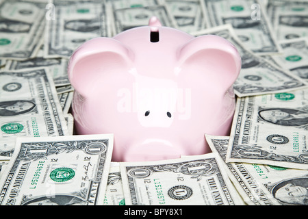Piggy bank placed up to its nose in a pile of dollars Stock Photo - Alamy