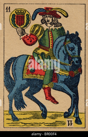 Vintage playing card showing a prince with feathered hat and an urn ...