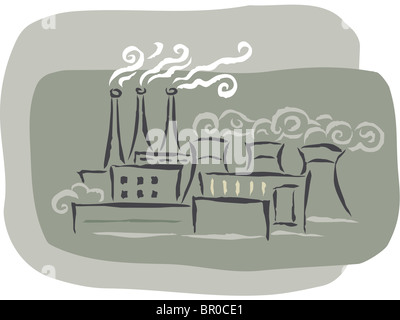 an illustration of a factory, emitting smoke into the air, water and ...