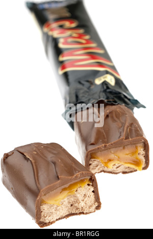 Mars bar broken open on white background Stock Photo - Alamy