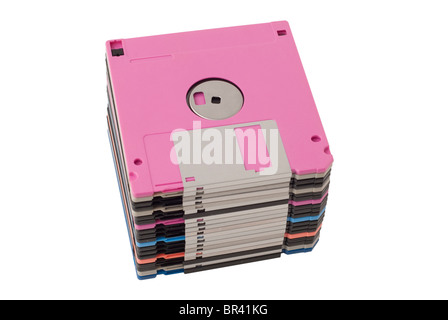 Stack of multi-colored 3.5 inch disks (Floppy Disks) from a slight ...
