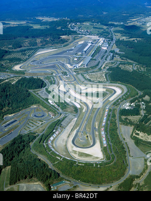 Aerial view, Nuerburgring race track, Muellenbach, Eifel mountain range ...
