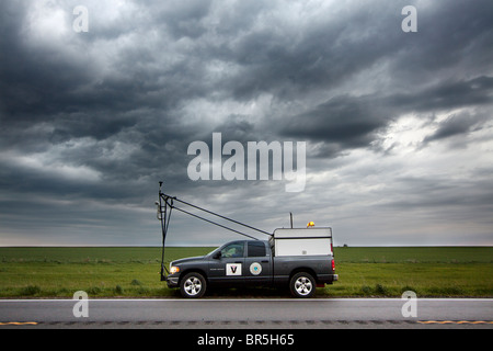 Storm chasers inside a truck participate in Project Vortex 2, a two ...