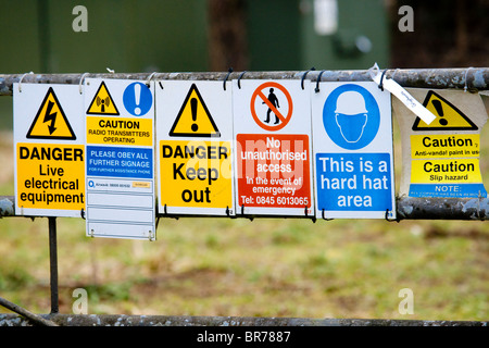Radio transmitter caution and warning signs on the gate to the Swains ...