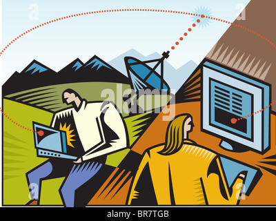 Two people inside computers, communicating online Stock Photo - Alamy