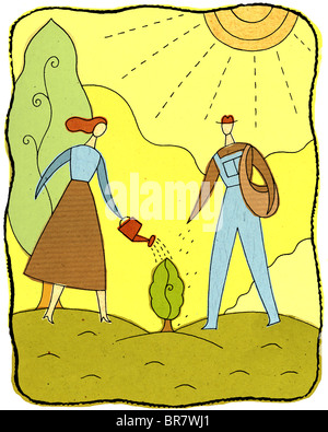 A man watering a small tree Stock Photo - Alamy