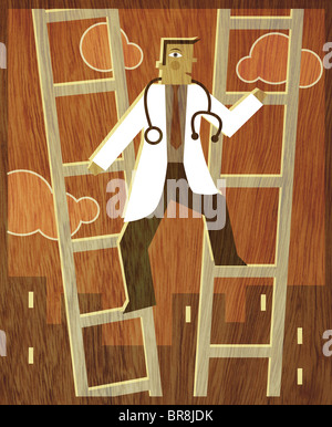 Man climbing two ladders Stock Photo - Alamy