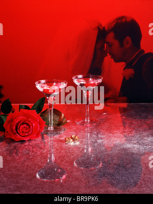 Old wedding rings on red background, The gift for valentine day ...