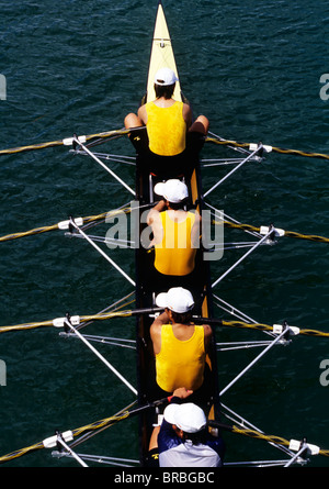 Rowing foursome gets ready for race Stock Photo - Alamy