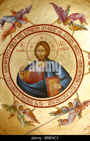 The fresco of Jesus on the ceiling of a an Orthodox Church. Dome ...