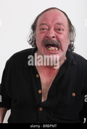 Homeless caucasian fat character portrait with bad teeth, looking ...