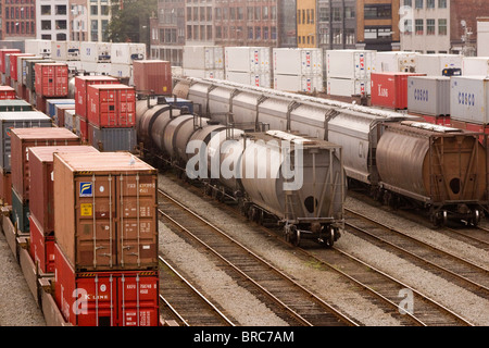 Container rail freight cars in Canadian Pacific Rail yard in downtown ...