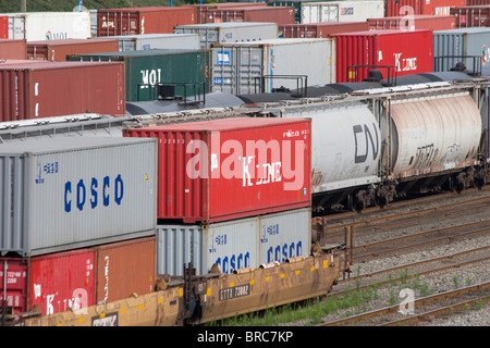 Container rail freight cars in Canadian Pacific Rail yard in downtown ...