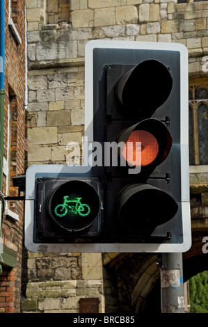 Close up of traffic light for cyclists with green light and bike as ...