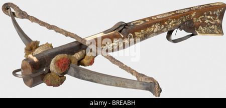 A German hunting crossbow, circa 1730 Slender steel prod, retained by ...
