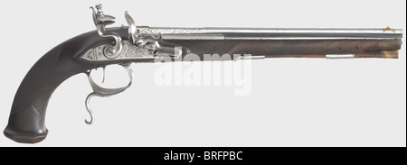 A flintlock pistol with the barrel displayed in a vintage-style ...