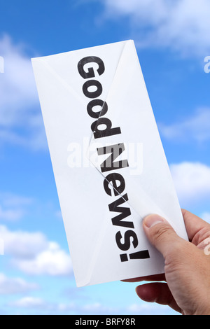 News concept: Blue Good News on textured concrete wall background Stock ...