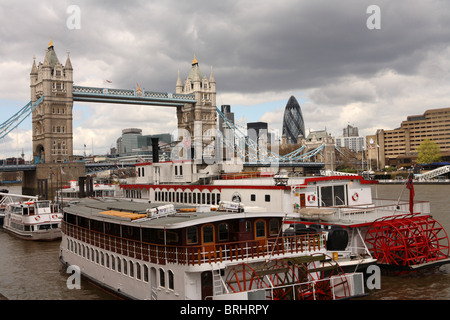 View from Southwark Bridge of barge by River Thames at Walbrook Wharf ...