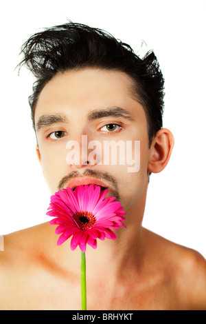 Portrait of a young man with gerberas in a hand Stock Photo - Alamy