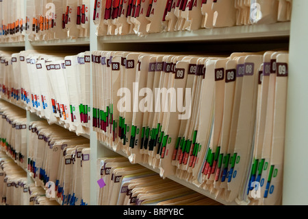 Alphabetized and color-coded paper patient files at a medical office in ...
