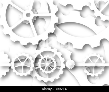 Illustrated background of white cutout cogs and wheels Stock Photo - Alamy