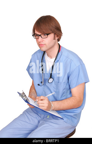 Handsome young doctor man over isolated background covering one eye ...