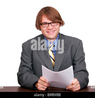 Attractive professional male news reporter wearing grey suit holding ...