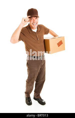 Parcel delivery man with a hat carrying a package isolated over white ...
