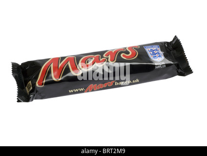 Mars chocolate bar on white background with open cut up bar by the side ...