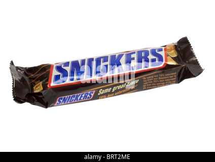 Snickers chocolate bar on white background with open cut up bar by the ...