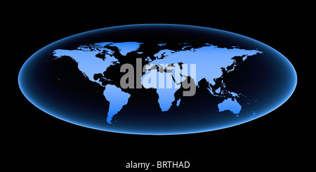 Blue world map on black concrete wall background. 3D illustration Stock ...