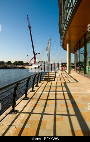 BBC Bridge House from the swing footbridge ramp at MediaCityUK, Salford ...