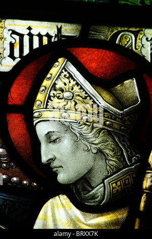 Stained-glass window of St. Cuthbert holding the head of King St ...
