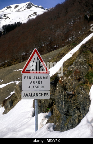 Road sign, rock falling. French warning sign of a hazard ahead ...