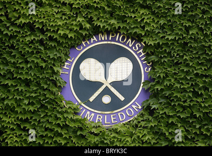 The Wimbledon Logo/Badge is seen on the wall of the Centre Court ...