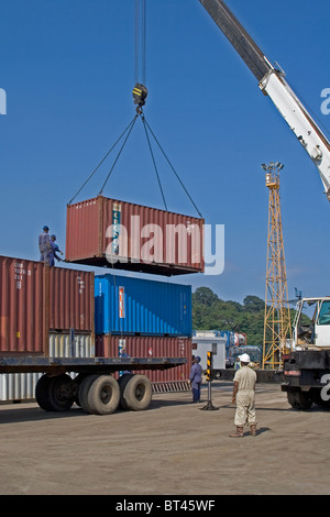 Luba Oil Freeport. Stevedores unloading and stacking containers from ...