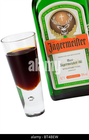 Jägermeister bottle and shot glass. German digestive alcohol drink ...