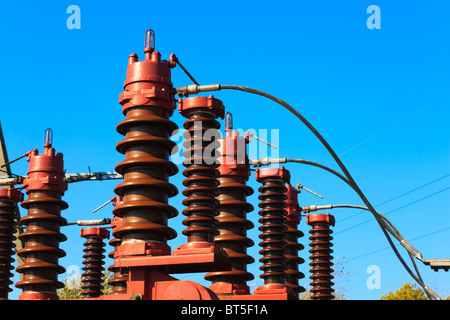 High voltage circuit breaker in a power substation in a white ...
