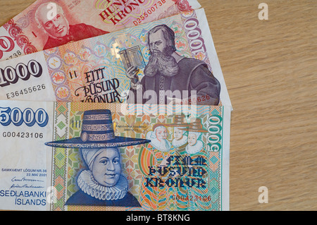 Europe, Iceland. Local currency. 500, 1,000 & 5,000 Icelandic Kronur ...