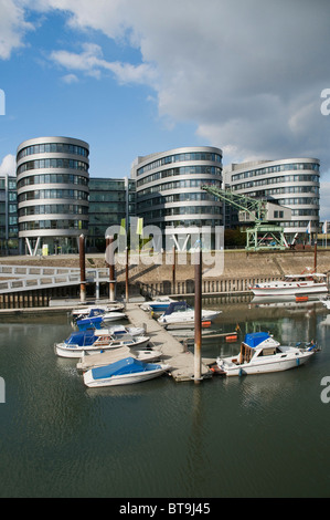View into the Duisburg inner harbor, on the right the Five Boats ...