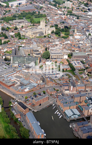 Aerial view of Gloucester with the Cathedral (left) prison (below) and ...