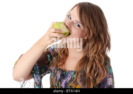 Teen girl eating grean apple isolated on white background Stock Photo ...