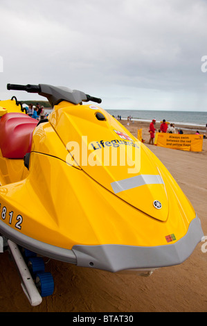 RNLI Lifeguard Jet Ski on trailer with Quad bike on Porthmeor Beach, St ...