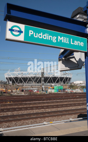 Dual view of platform sign at Pudding Mill Lane DLR railway station ...