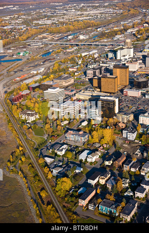 Aerial view of the downtown Anchorage skyline with Mt. Susitna ...